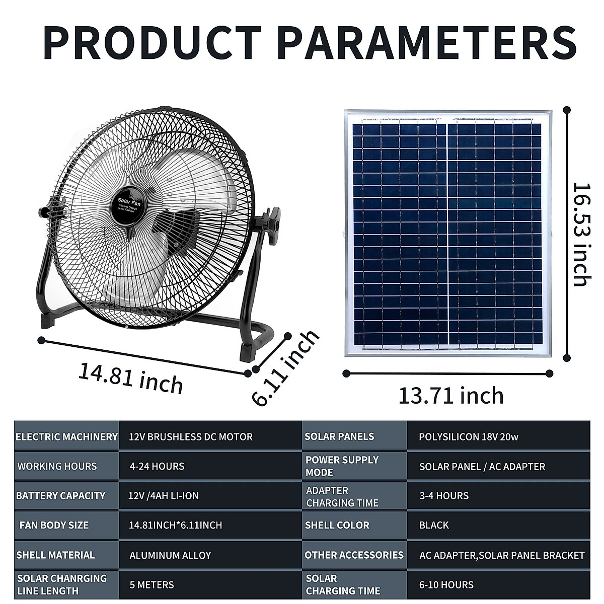 CYBERDAX 14 Inch Portable Wireless Rechargeable Table Fan with Solar Panel Powered and AC Charger Dual Input for Household, Camping, Fishing Outdoors