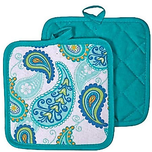 Paisley Decor - Kitchen Linen Set 4 Pc Celebrate with These Springtime Paisley and Flower Linens - Blue Sets Include Kitchen Towel 2 Potholders 1 Oven Mitt - Potholders - Kitchen Decor - Oven Mitts