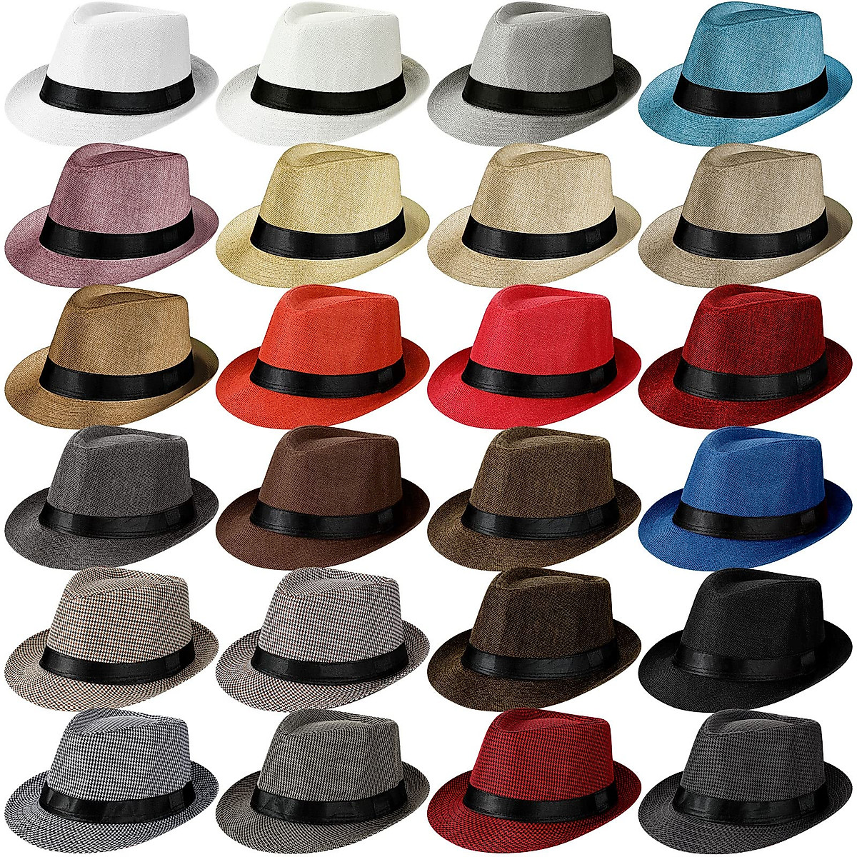 24 Pack Short Brim Straw Hats Unisex Cotton Houndstooth Trilby Hat with Black Band Seasonal Panama Sun Hat for Men Women Beach, 24 Colors