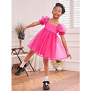Verdusa Girl's Puff Short Sleeve Square Neck Mesh Short A Line Swing Dress Hot Pink 10Y