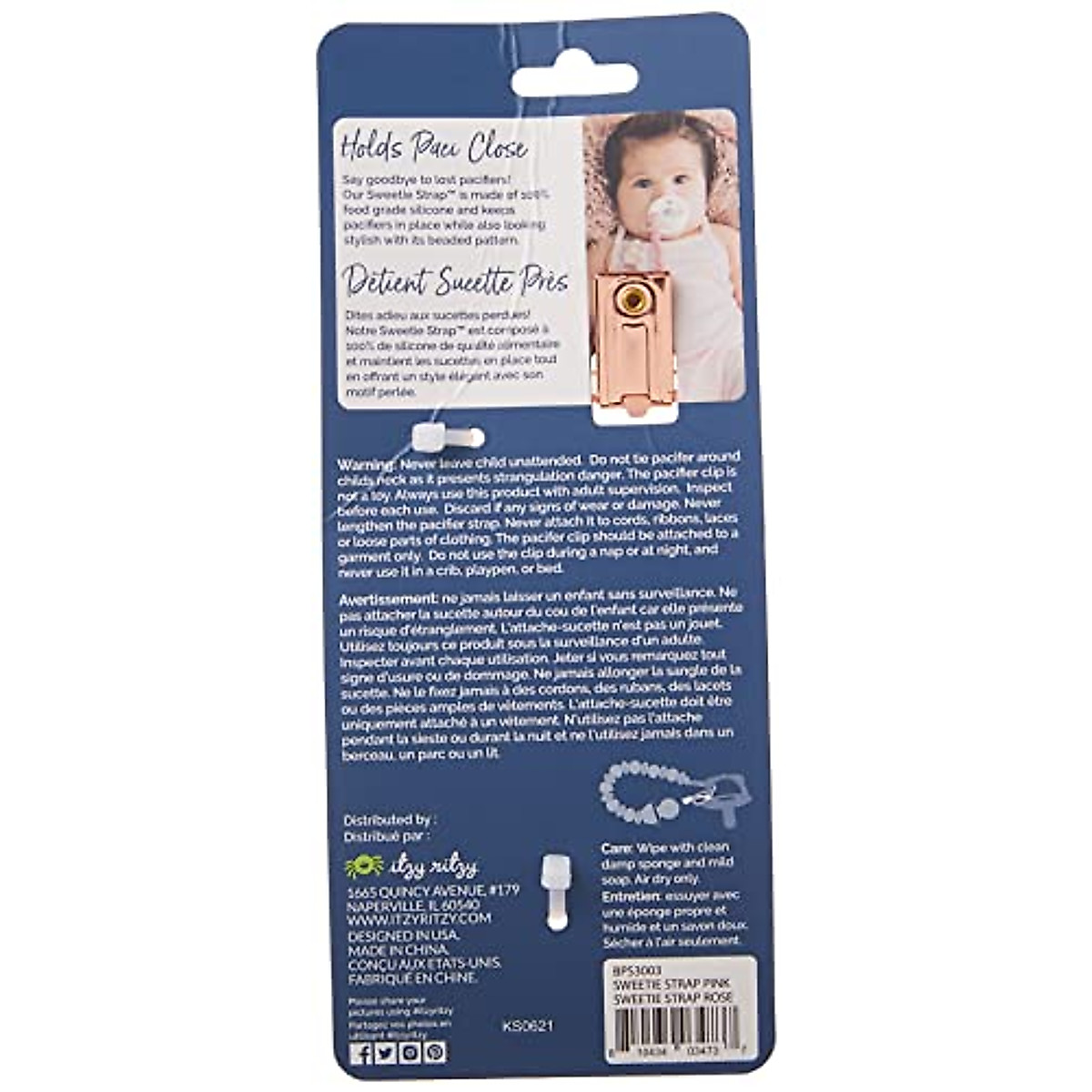 Itzy Ritzy Silicone Pacifier Clip; 100% Silicone Pacifier Strap with Clip Keeps Pacifiers, Teethers & Small Toys in Place; Features One-Piece Design & Silicone Cord, Pink + Rose Gold Clip