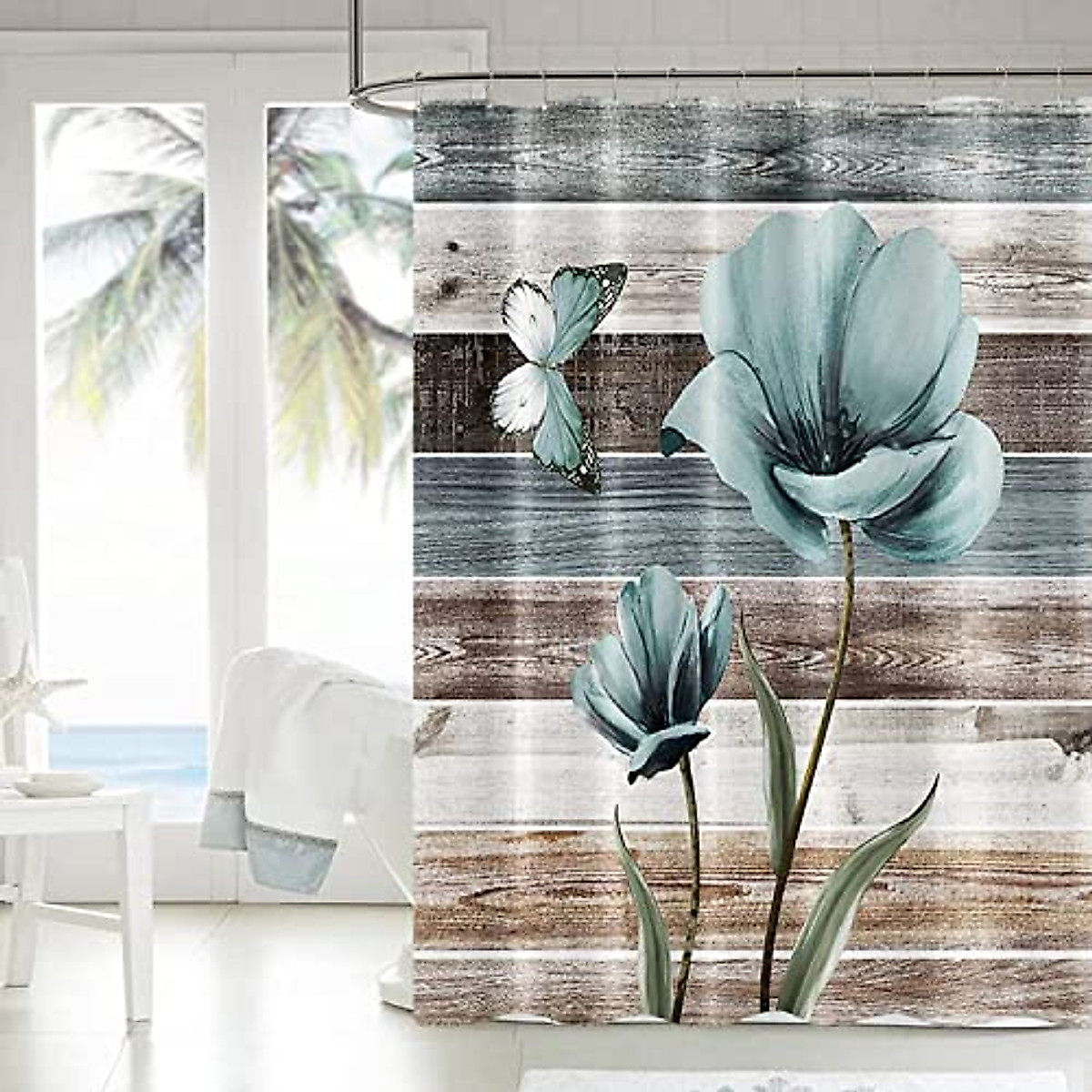 Cnayuep Shower Curtain, Farmhouse Shower Curtains for Bathroom, Rustic Shower Curtain Set Shower Curtains, Teal Floral Bathroom Shower Curtain Sets, Waterproof Bathroom Curtain Bathroom Decor 72"X72"