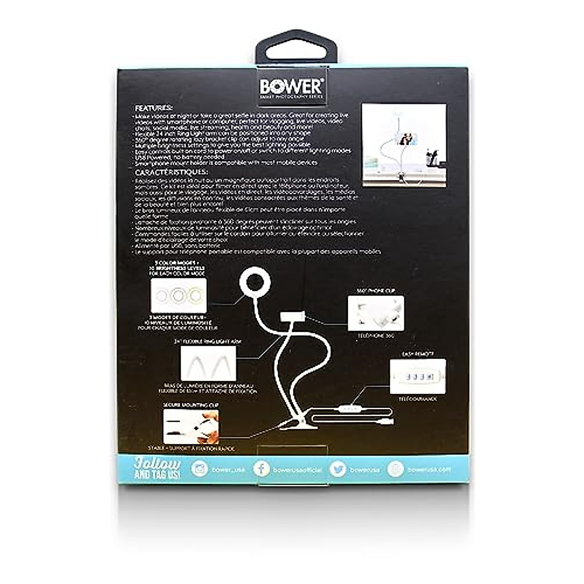 BOWER 24 Inch Clip on Desk Ring Light - Flexible Arms, 36 LED Lighting with 3 Light Modes and 10 Brightness Levels, Heavy Duty Clamp, and Built-In Phone Holder