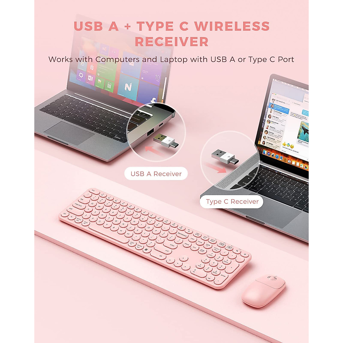 PEIOUS Wireless Keyboard and Mouse Combo, Cute Rose Gold Keyboard with USB and Type C Receiver, Round Keys, Compatible with MacBook, Windows 7/8/10, Laptops (Pink)