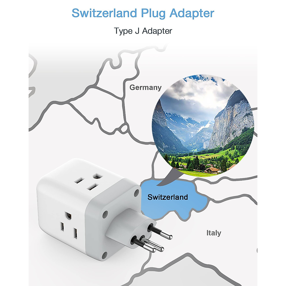 TESSAN Switzerland Plug Adapter, Swiss Travel Power Adaptor with 3 Outlets 2 USB Ports, Plug Converter for US to Switzerland, Liechtenstein, Rwanda, Type J