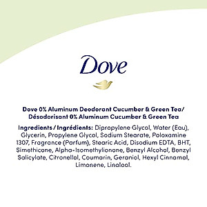 Dove 0% Aluminum Deodorant Stick Non irritating for Underarm Care Cucumber and Green Tea, 2.6 Oz