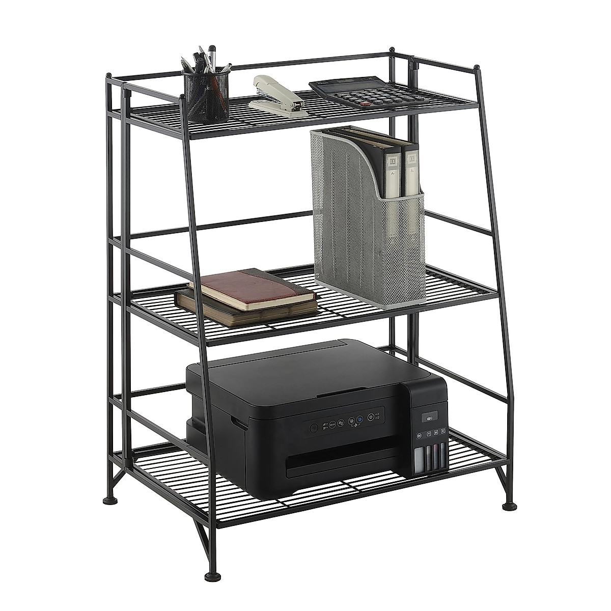 Convenience Concepts Xtra Storage Shelves - 3-Tier Ladder Folding Metal Shelving Organizer Stand, Modern Stands for Storage and Display in Living Room, Bathroom, Office, Den, Kitchen, Garage, Black