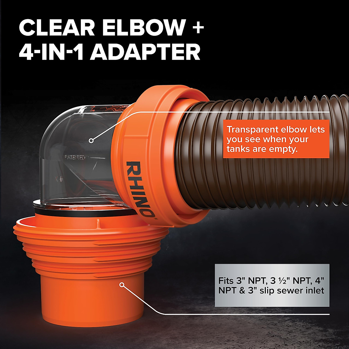 Camco RhinoFLEX 15' RV Sewer Hose Kit — Includes 4-in-1 Adapter, Clear Elbow, & Caps — Connects to 3″ Slip & 3″, 3 1/2″, 4″ NPT Threaded Sewer Connections (39770)