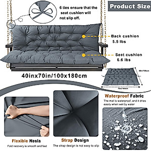 HIYEN Porch Swing Cushions 3 Seater Replacement, Waterproof Bench Cushions for Outdoor Furniture with Backrest, 4" Thickened Patio Swing Cushion with Ties (Light Grey, 70 * 40 inch)