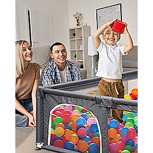 PlayPen for Babies and Toddlers-Aukivon 71"x59" Extra Large Baby Playpen with Storage Bag Baby Playard with Door, 2 Pull Rings & 50 Ocean Balls for Kids for Indoor & Outdoor, Anti-Collision, Grey