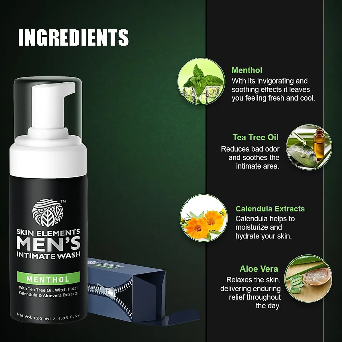 Skin Elements Intimate Wash for Men with Menthol (4.05 fl. oz.) | pH Balanced Foaming Private Part Cleaner | Prevents Itching, Irritation & Bad Odor