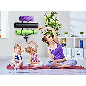 Wall Mount Yoga Mat Foam Roller and Towel Rack with 3 Hooks for Hanging Yoga Strap and Resistance Bands, 3-Sectional Metal (Black)