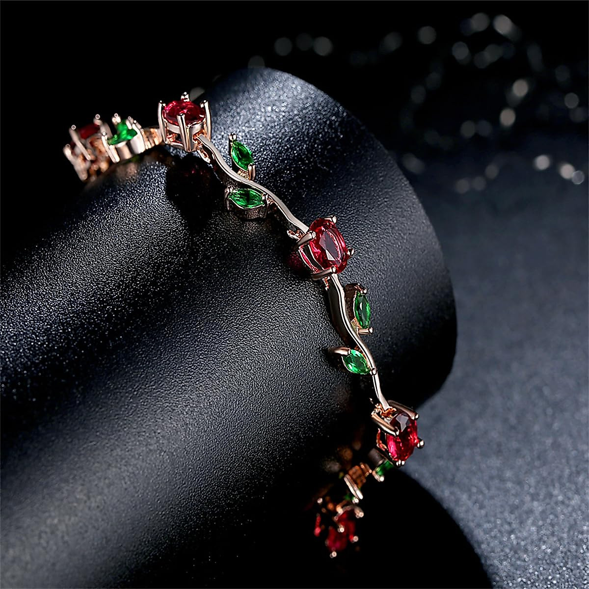 BISAER Mothers Day Gift/Lovely Rose Gold Plated Bracelets with AAA Cubic Zirconia Ruby Flower Emerald Leaf Beautiful Vine Bracelet for Women 7 Inch-Ideal Tennis Bracelets Valentine’s Day Gift