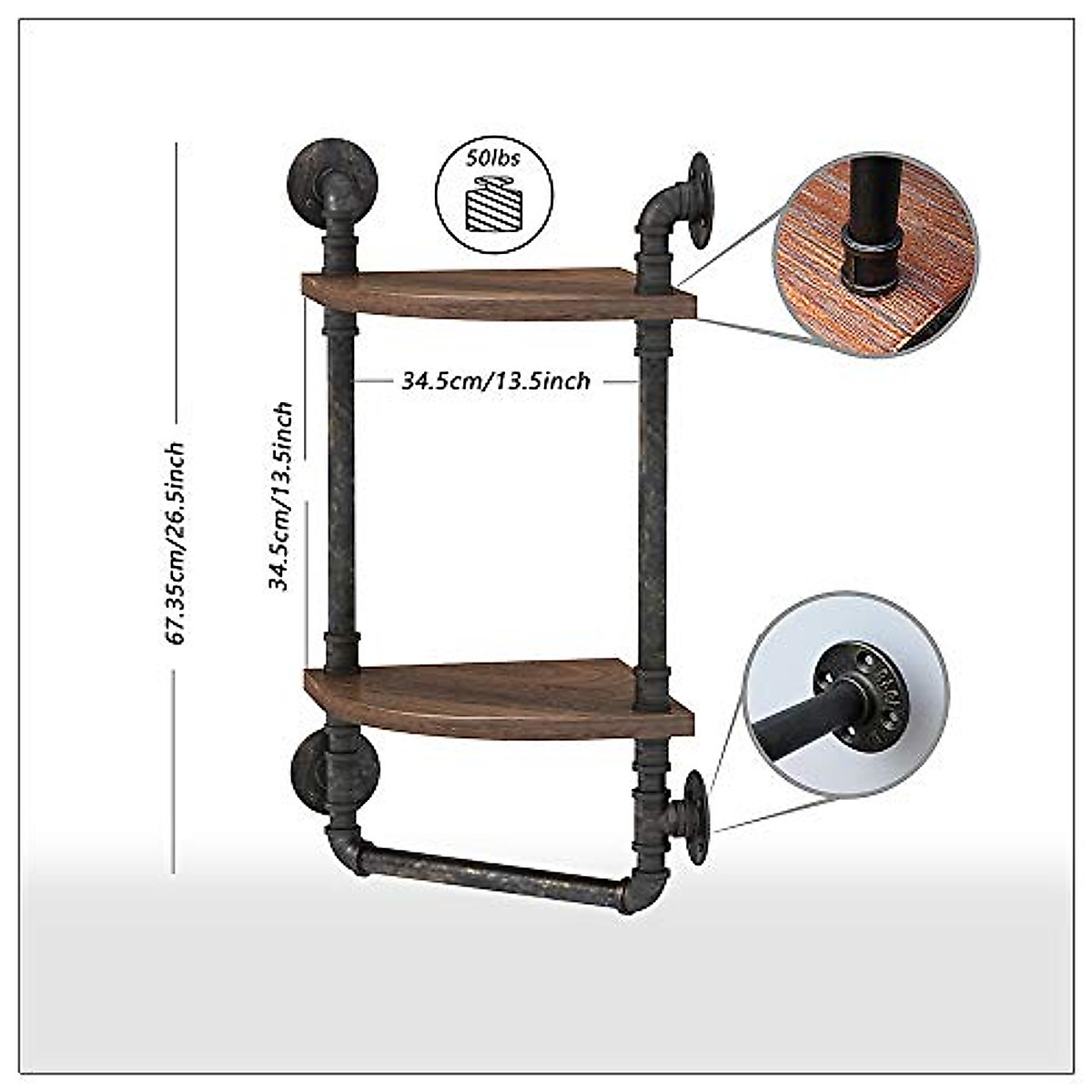 MCleanPin Industrial Pipe Corner Shelves,Rustic Wall Mount Corner Bathroom Shelf 2-Tiers Towel Racks with Towel Bar, DIY Open Bookshelves,Metal Hung Bracket Bookcase, Real Wood Storage Shelving