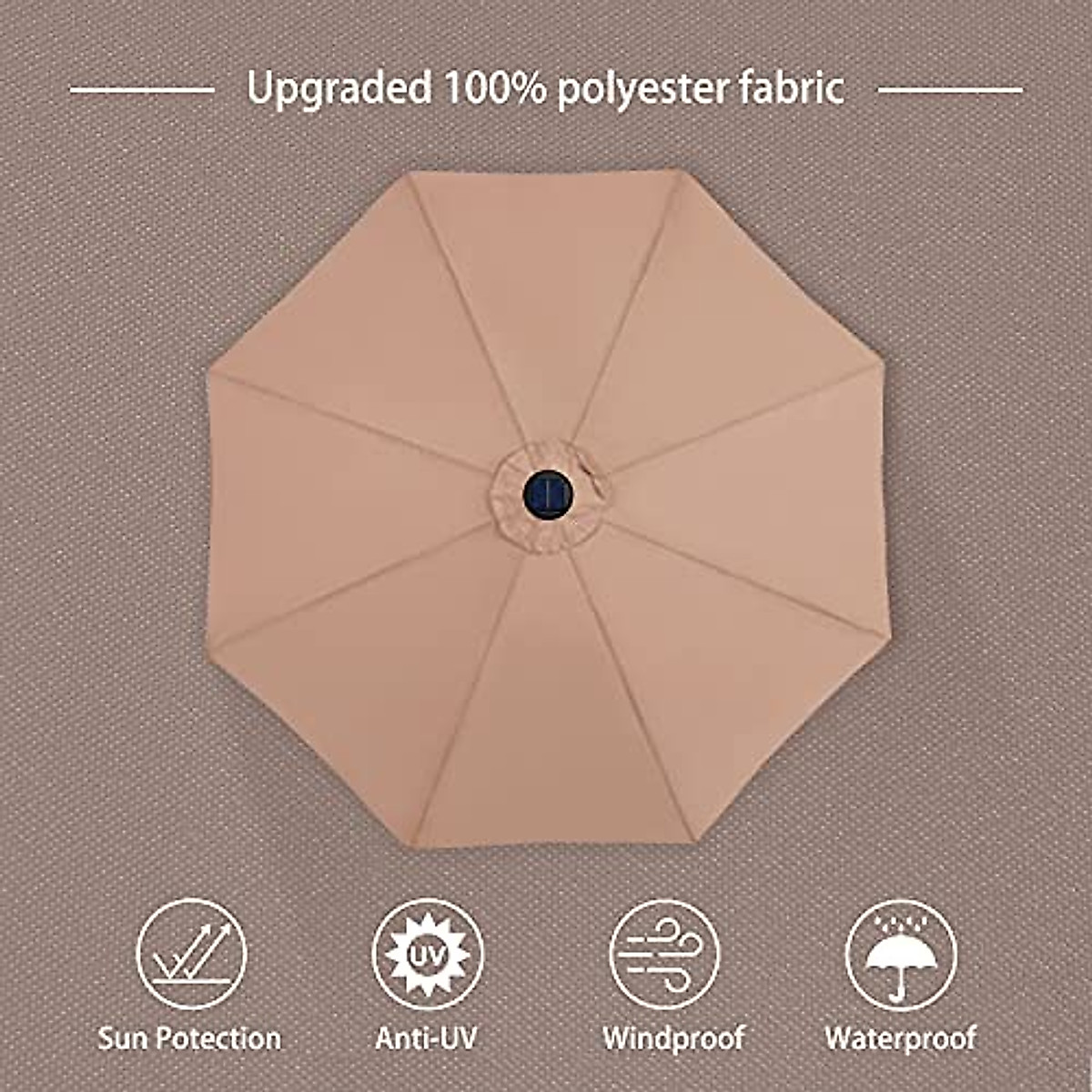 JMEXSUSS 9ft Patio Umbrella with Solar Lights, 32 LED Lighted Umbrella Outdoor Patio Table Umbrella, 8 Ribs Market Umbrella w/Tilt Adjustment and UV-Resistant Fabric, Khaki