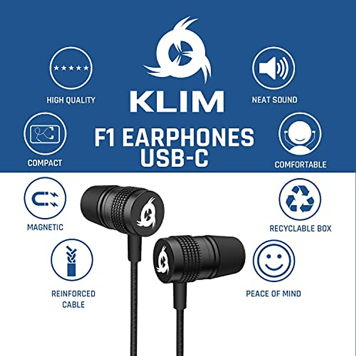 KLIM F1 USB C Earphones + New Version + Excellent Audio Quality + Durable USB C Headphones with Microphone + 5-Year Warranty + Wired USB C Earbuds Compatible Huawei Sony Samsung Headphones Type C
