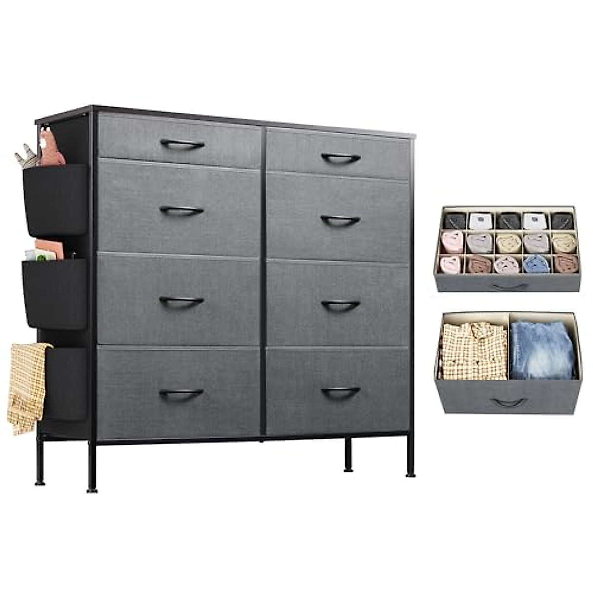 WLIVE Dresser for Bedroom with 6 Drawers, Tall Storage Tower with Drawer Organizers, Side Pockets and Hooks, Fabric Dresser, Chest of Drawers for Living Room, Closet, Hallway, Dark Grey