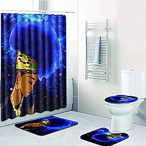 EVERMARKET Creative Colorful Printing Toilet Pad Cover Bath Mat Shower Curtain Set for Bathroom Decor,4 Pcs Set - 1 Shower Curtain & 3 Toilet Mat and Lid Cover (African Woman Galaxy)