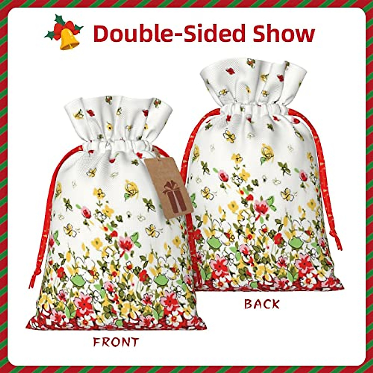 Drawstrings Christmas Gift Bags Watercolor-Floral-Bee-Butterfly Presents Wrapping Bags Xmas Gift Wrapping Sacks Pouches Medium