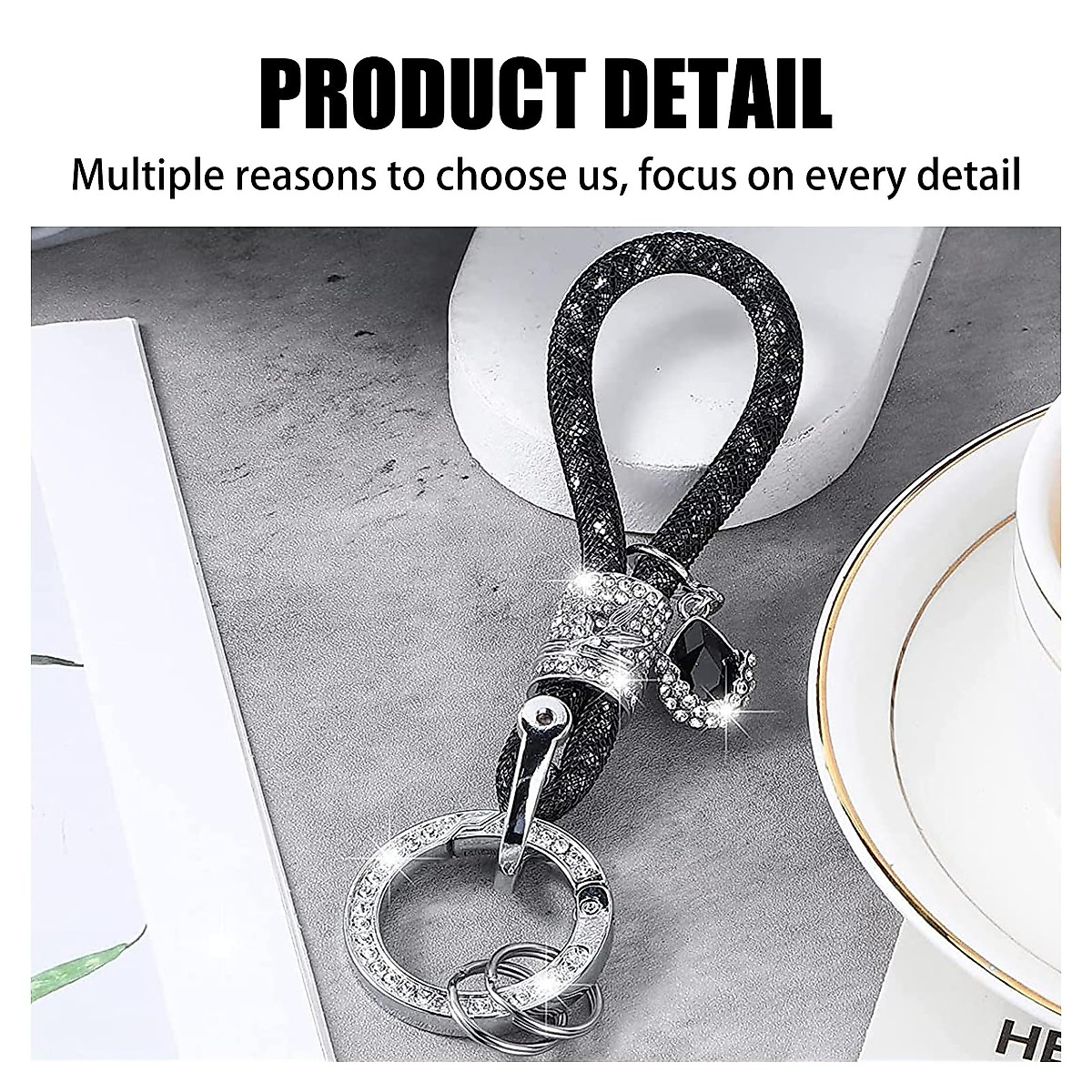 ZKFAR 1 PC Bling Crystal Car Keychain, Car Key Chains Glitter Key Ring, Keychain Accessories with Bling Rhinestones (Black)