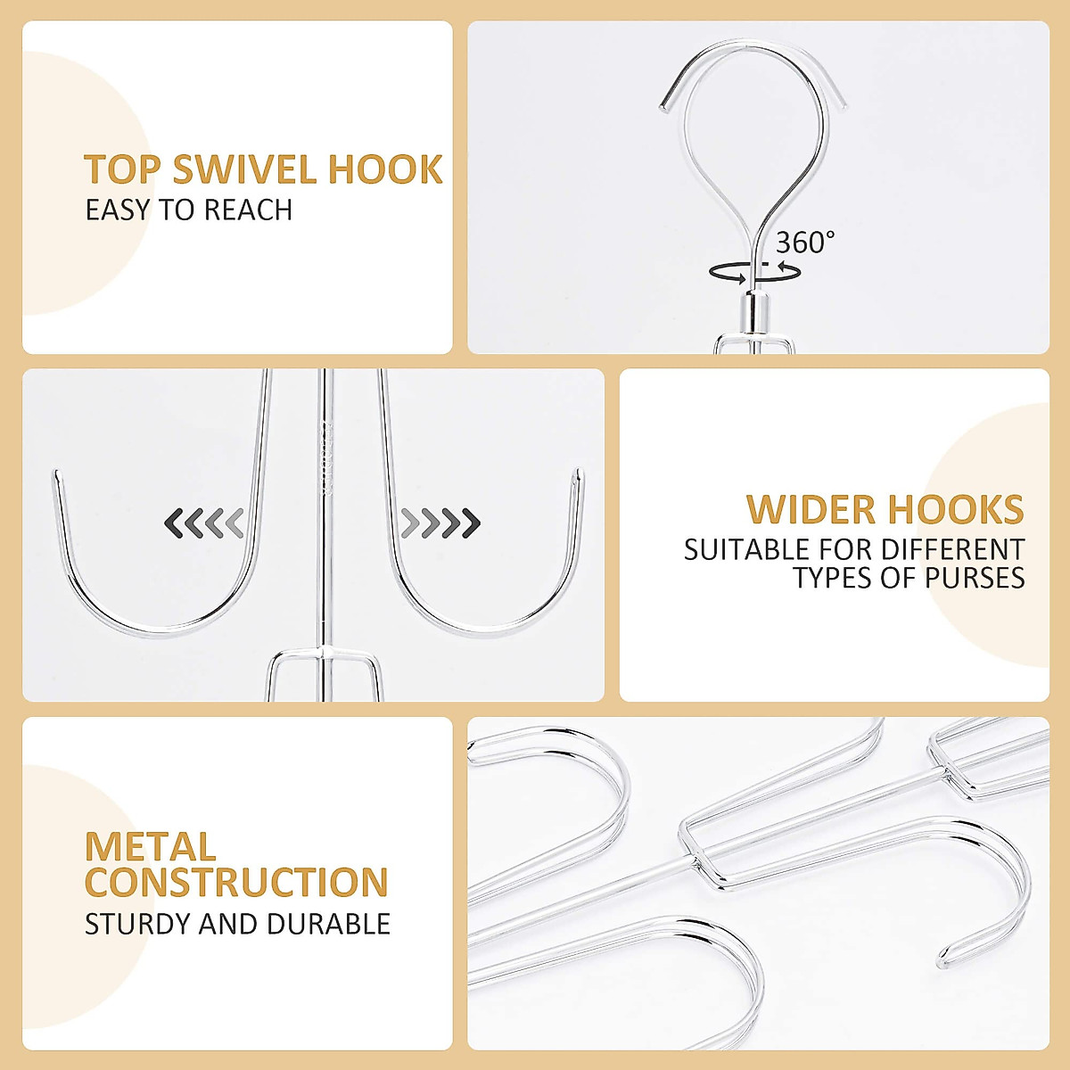 ZEDODIER Purse Hanger Organizer for Closet, 2 Pack Rotatable Hanging Bag Holder, 8 Storage Capacity, Keeping Purses Visible and in Good Condition, Metal Handbag Storage Hook Rack Space Saver, Silver