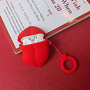 Rertnocnf Compatible with Earbuds Case Airpods 1 & 2, Creative 3D Lips Design Personality Red Lip Portable Accessories Soft Silicone Protective Wireless Earphone Charging Case with Ring Decoration