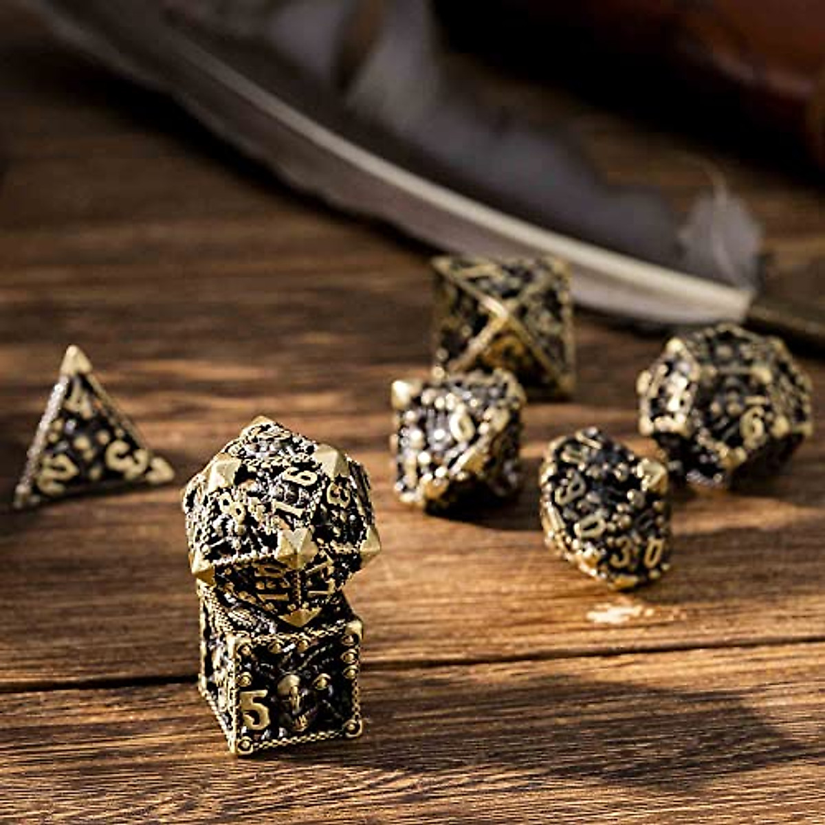 LANSAI Metal DND Hollow Polyhedral Beholder Dice Set D&D Suitable for Dungeons and Dragons Role Playing Games(Bronze)