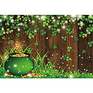 Laeacco 10x6.5FT St. Patrick's Day Backdrop Green Clover Lucky Shamrock Pot of Gold Coin Glitter Brown Wooden Board Photography Background Irish Festival Party Decor Kid Adult Portrait Photo Prop