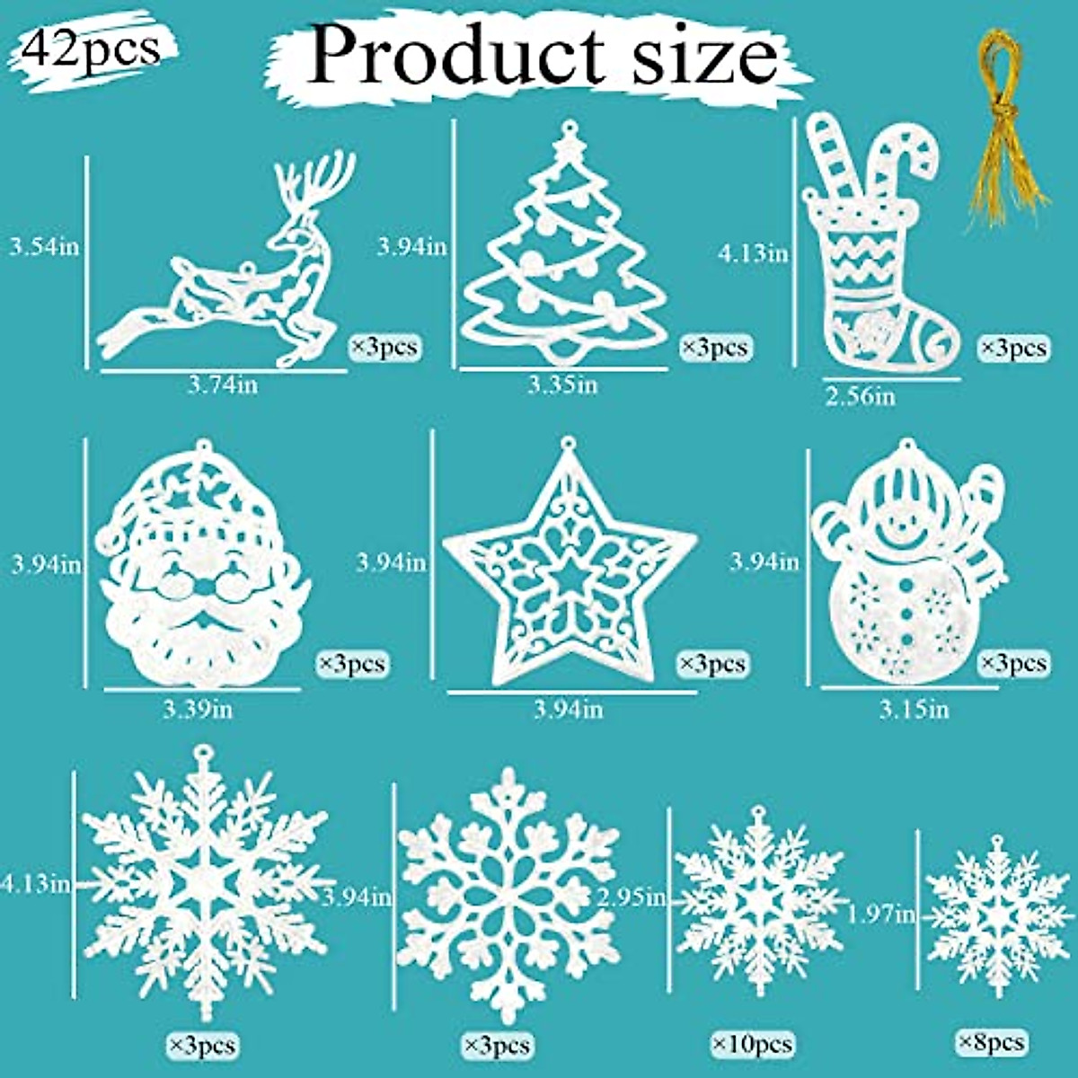 Christmas Tree Decoration Snowflake Ornaments - 42pcs White Glitter Christmas Snowflake Tree Stocking Snowman Reindeer Santa Hanging Ornaments for Xmas Winter Wonderland Holiday New Year Party