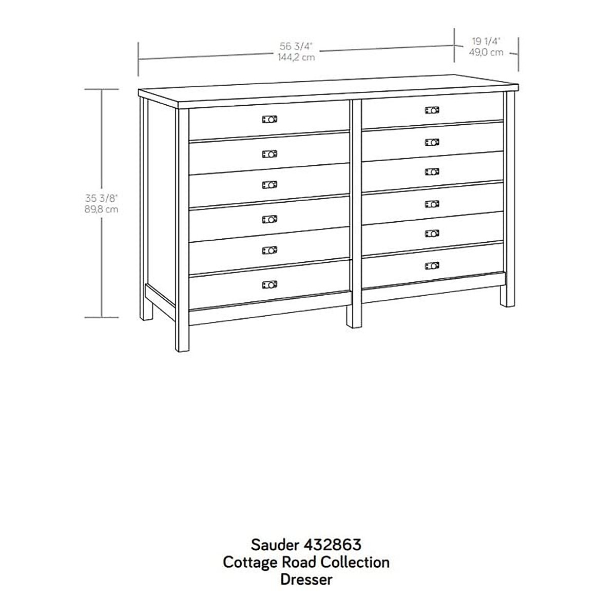 Sauder Cottage Road 6-Drawer Bedroom Dresser in Raven Oak, Raven Oak Finish