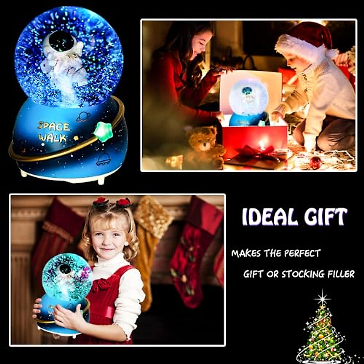 Snow Globe Astronaut Christmas Snow Globes for Kids with Automatic Snow, Music, Colorful Lights (Blue)