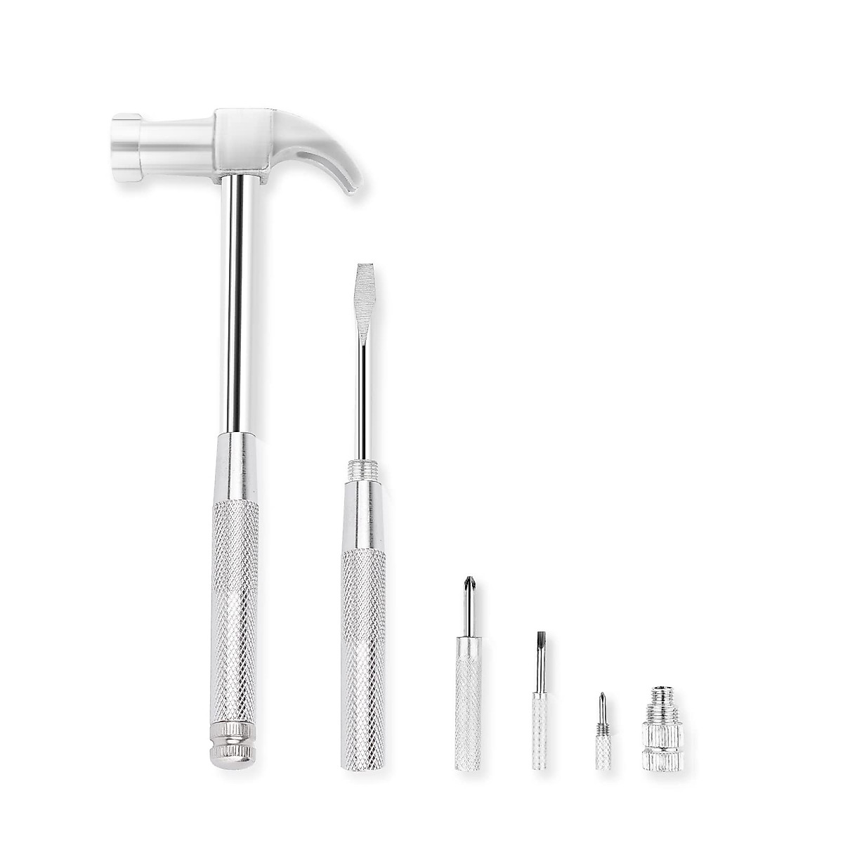YOUMI 6 in 1 Silver Hammer & Screwdriver Tool Multitool Set Claw Hammer with Anti-Slip Grip Handle Slotted/Flat Head Phillips Screwdriver Nail Puller Best Gift for Family Friends Colleagues