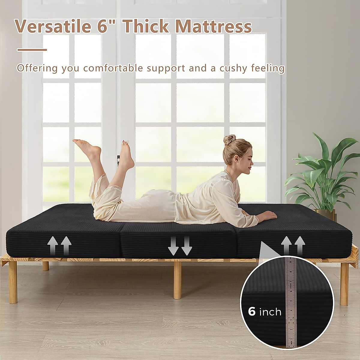 Tri-Folding Corduroy Mattress, 6 Inch Gel Folding Mattress Topper, Foldable Soft Guest Bed Camping Pad, Washable Cover (Black, Twin)