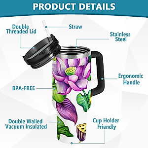 Yasala Car Tumbler with Handle Lotus Dragonfly Spring Travel Mug Coffee Cup Insulated Beverage Container Mega Cup for Hot Cold Drinking Thermos Water Bottle Cupholder Friendly 40 oz