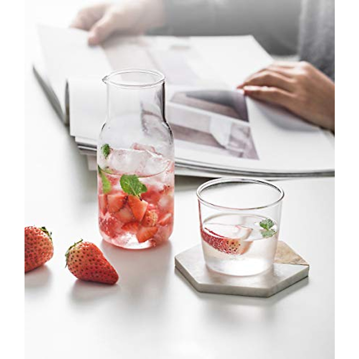 Bedside Water Carafe Set with Tumbler Glass Set Mouthwash Bottle for Bathroom, Bedroom Nightstand, 17oz/500ml(Clear)