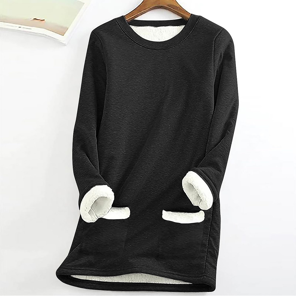 oelaio Women Warm Sherpa Lined Fleece Crewneck Sport Sweatshirt Pullover Loungewear Casual Solid Black