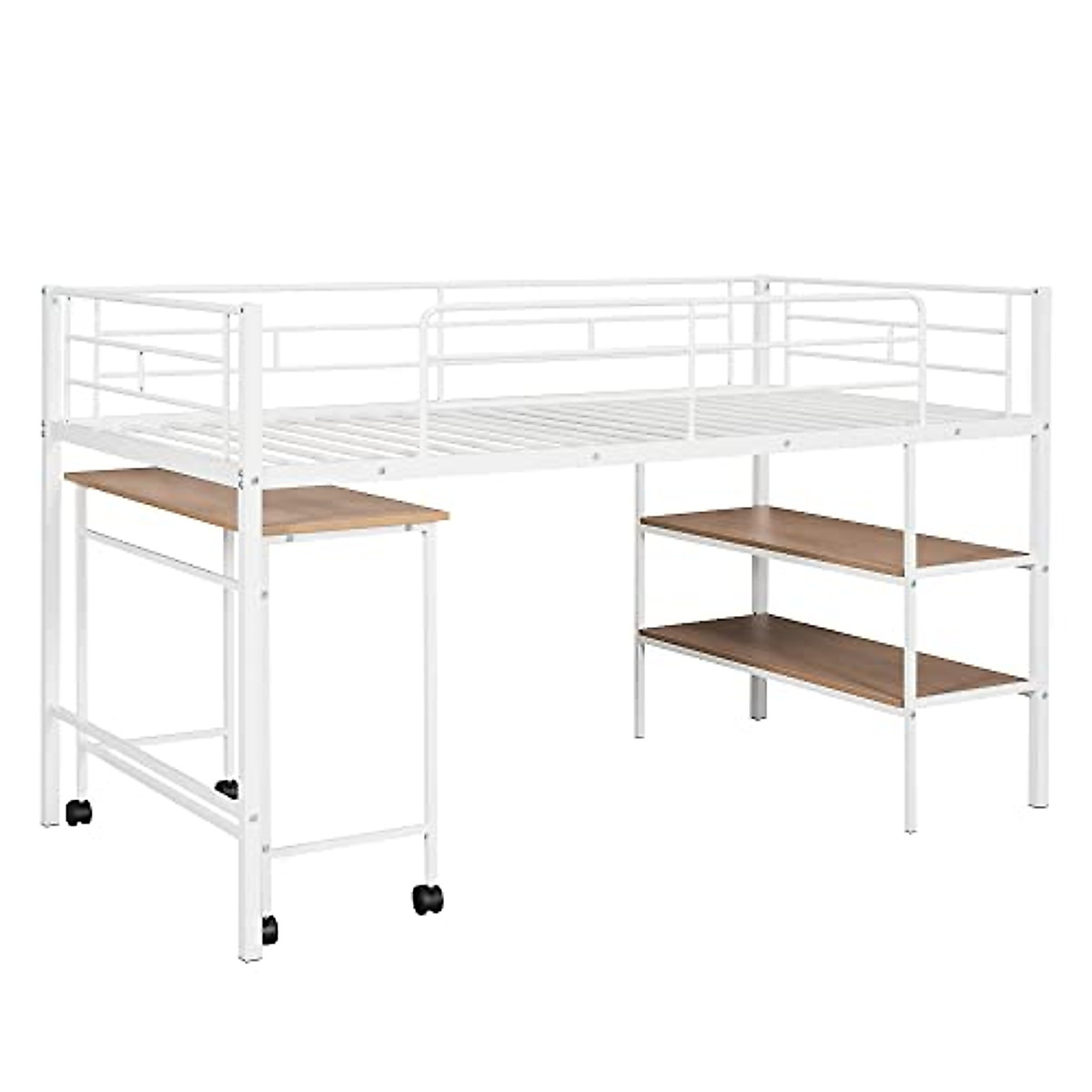 Kids Loft Bed with Desk and Storage, Metal Low Twin Size Bed with Rolling Portable Desk and 2-Tier Shelves, Low Loft Bed with Full-Length Guardrail for Kids Boys Girls Teens (White)