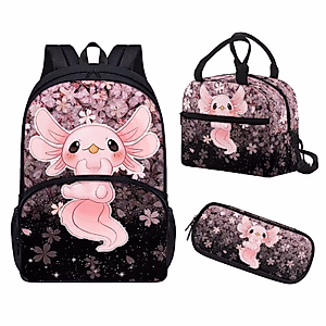 HELLHERO Cute Axolotl Backpack and Lunch Bag Set for Girls School Bag Kids Cherry Blossom School Backpacks Preschool Elementary Student Junior Schoolbag Children Bookbag