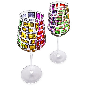 Artisanal Hand Painted Stemmed Wine Glasses - Gift for, Friends, Girlfriends, Sagrada Renaissance Stain-glassed Windows Wines Glass Set of 2 - Gift Idea for Birthday, Housewarming, Extra Large Goblets