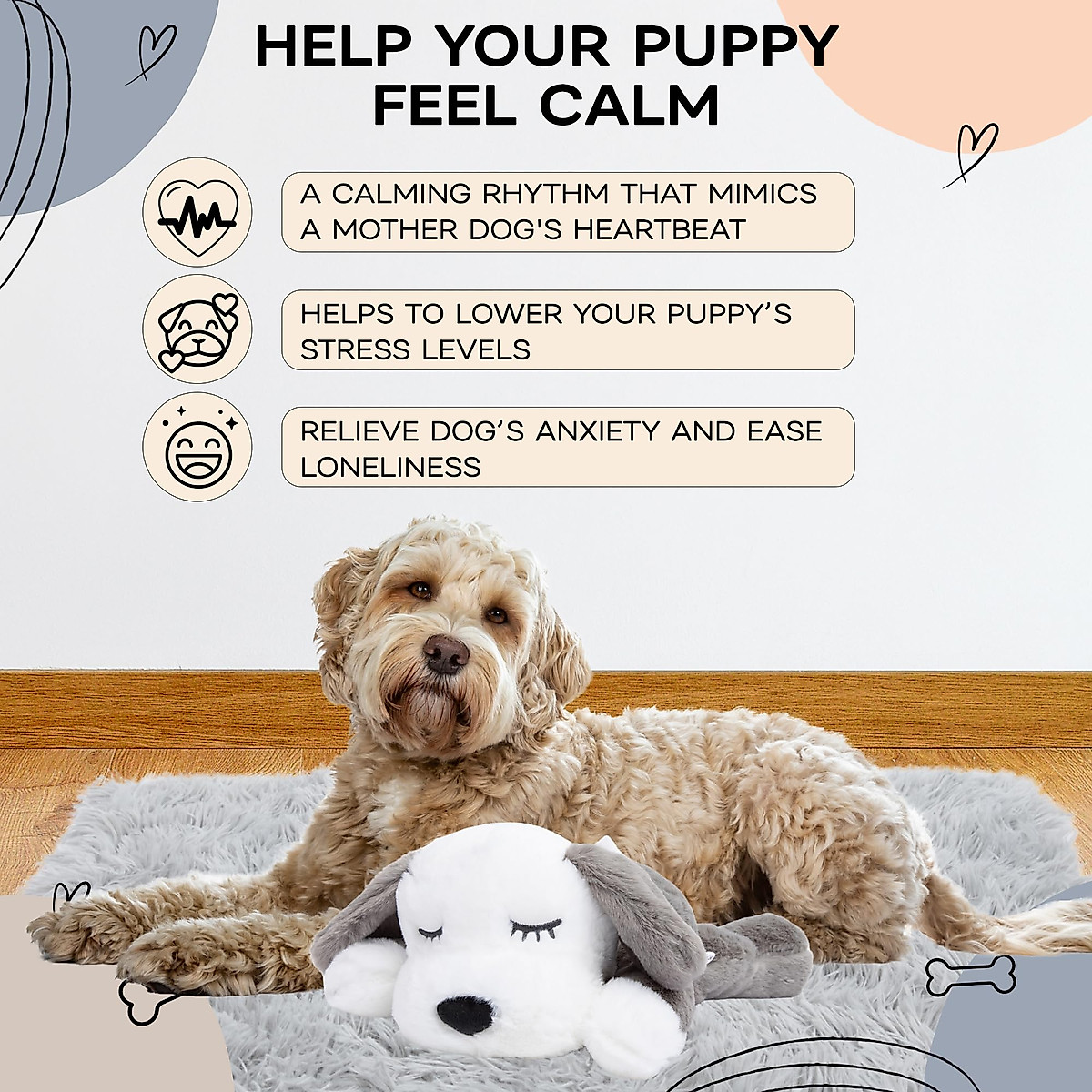 LUNA + RUFUS Heartbeat Puppy for Dogs with Blanket, Heat Packs and Chew Toy - Pet Anxiety Relief and Calming Sleep Aid - Perfect Dog Stuffed Animal for Behavioral Crate Training - Dog Toys