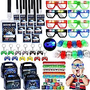 Golray 72Pcs Video Game Party Favors Kids Boy Gamer Birthday Gift with Box VIP Pass Holder LED Glasses Rings Toys for Teen Men Game On Birthday Party Supplies Decorations Pinata Goodie Bag Stuffers