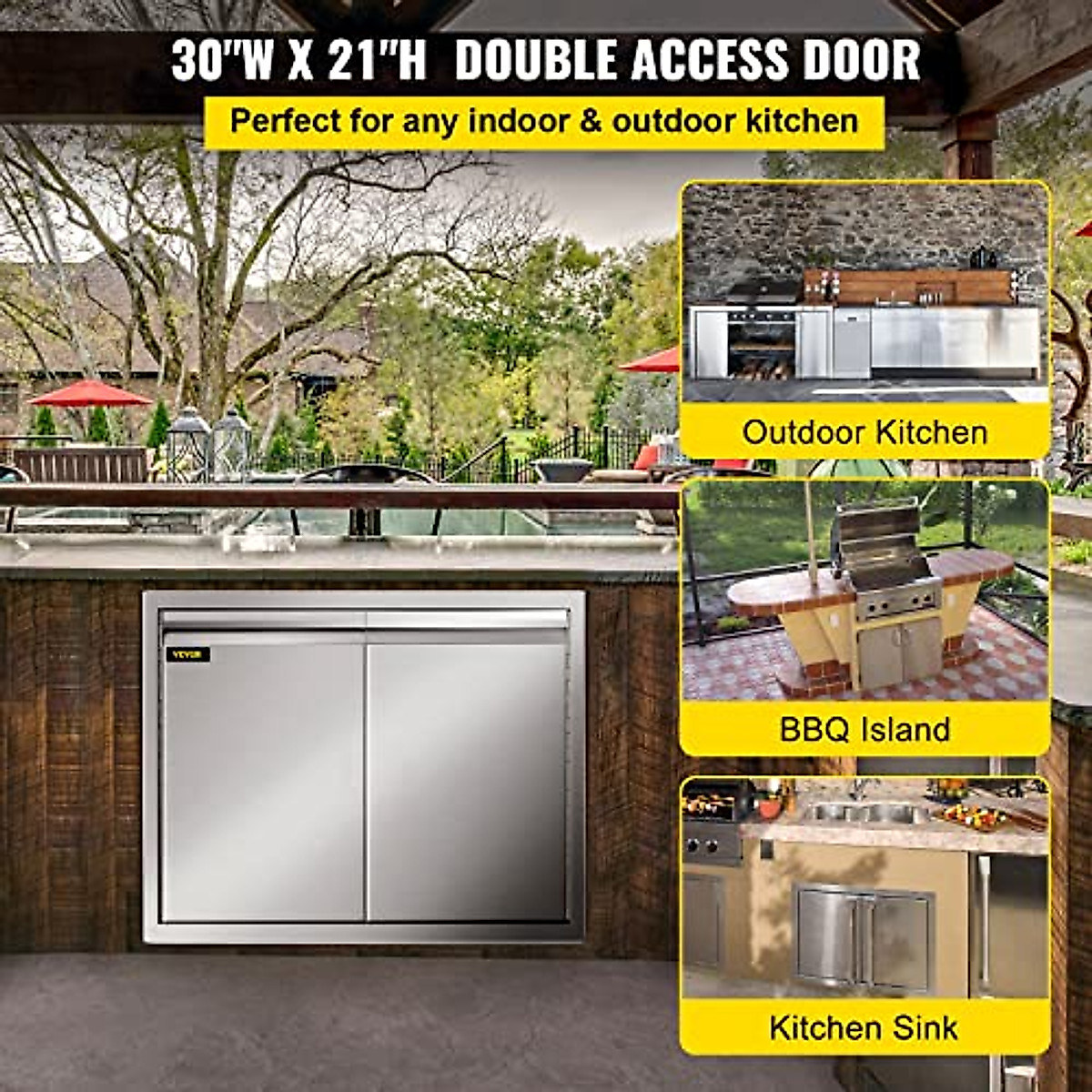 VEVOR Double BBQ Access Door, 30''Wx21''H Outdoor Kitchen Doors, Double Wall Construction Outdoor Cabinets with Hooks, Brushed Stainless Steel BBQ Door Easy to Install for BBQ Island Grill Station