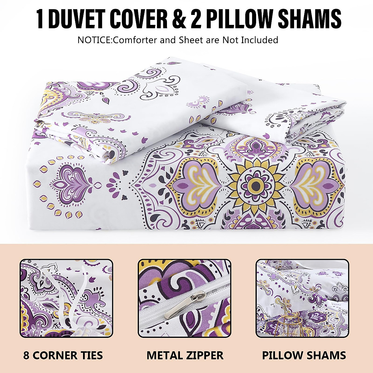 DUOMING Cotton Duvet Cover King - 100% Cotton Soft 3 Pieces Damask Duvet Cover, White and Purple Floral King Duvet Cover Set, Medallion Duvet Cover King with Zipper Closure & 8 Ties