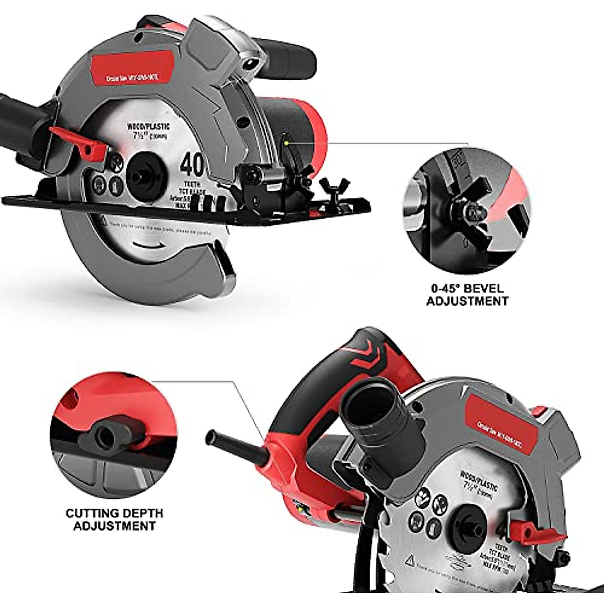 Circular Saw, Electric Saws with Laser Guide, 5000RPM 1500W Electric Circular Saw with 2 Saw Blades (24T+ 40T), 0-45° Bevel Adjustment, Ideal for Woodworking, Construction and Renovation (RED-A)
