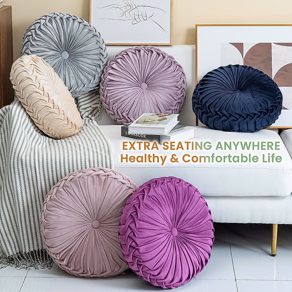 Sioloc Round Throw Pillow Velvet Home Decoration Pleated Cushion for Couch Chair Bed Car(Purple,15.7Inch)