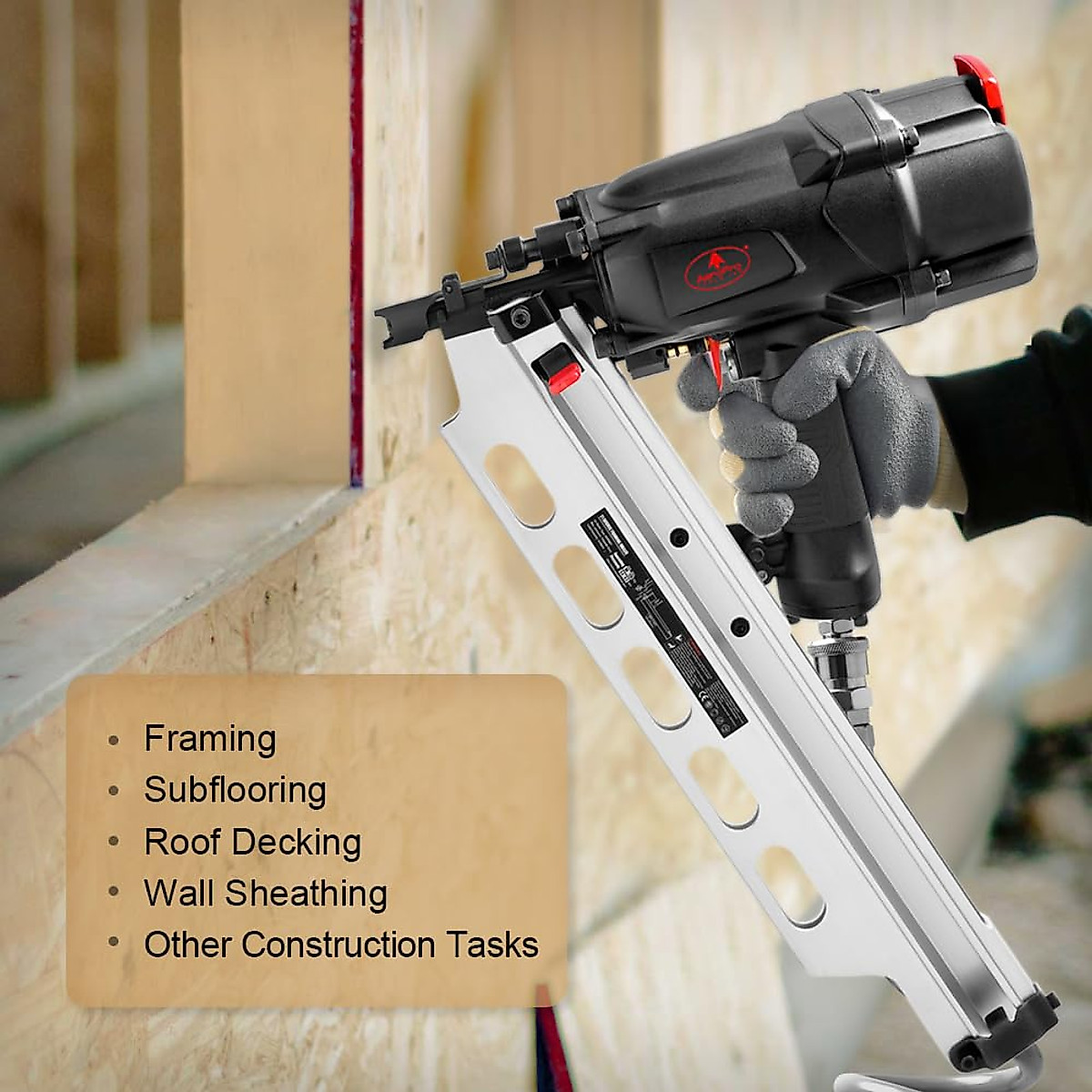 AEROPRO TOOLS Pneumatic Framing Nailer RHF9021, 21 Degree plastic collated nails from 2-Inch to 3-1/2-Inch With Tool-Free Depth Adjust,No Mar Tip and Rafter Hook