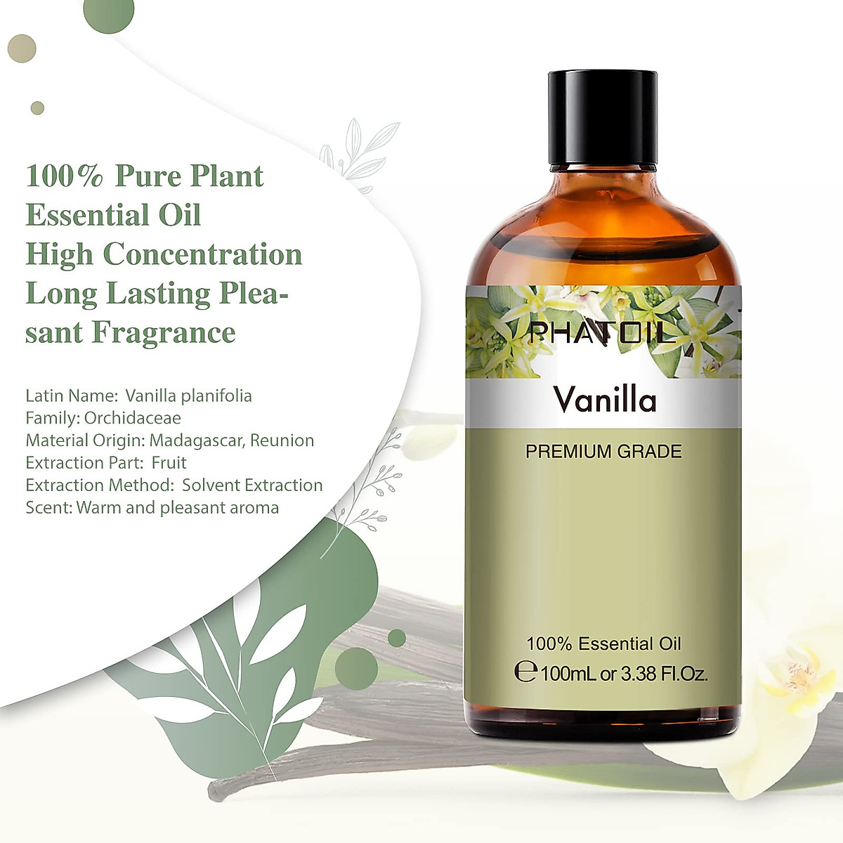 PHATOIL Vanilla Essential Oil 100ML, Vanilla Essential Oils for Diffuser, Humidifier, Aromatherapy, Sleep, Relax