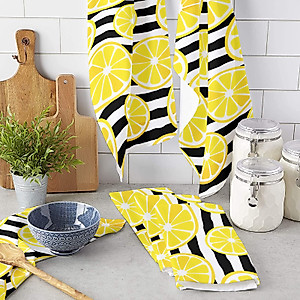 Zadaling Kitchen Towels,Yellow Summer Lemon Black White Stripe 16x28 Inches Soft Kitchen Dish Cloth,Cotton Tea Towels/Bar Towels/Hand Towels,(2 Pack)