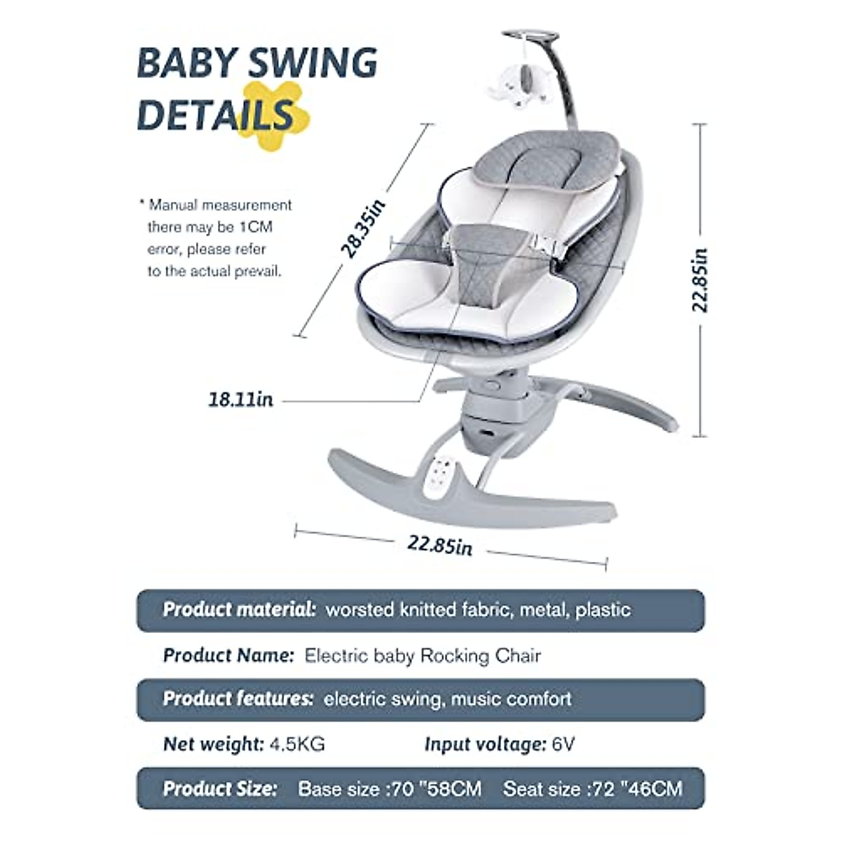 Baby Swings for Infants, Electric Portable Baby Swing by Remote Control 3 Swing Speeds and Music Speaker, Adjustable Recline Baby Bouncer with Harness Belt Suitable for 5-20 lbs Newborn Toddler
