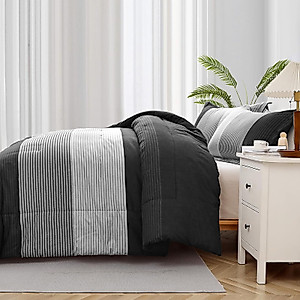 WONGS BEDDING Black Comforter Set Queen, Reversible Black Grey Stripe Down Alternative Comforter for All Season,3 Pieces(1 Patchwork Comforter+2 Pillowcases), Soft Microfiber Bedding Set 90"×90"
